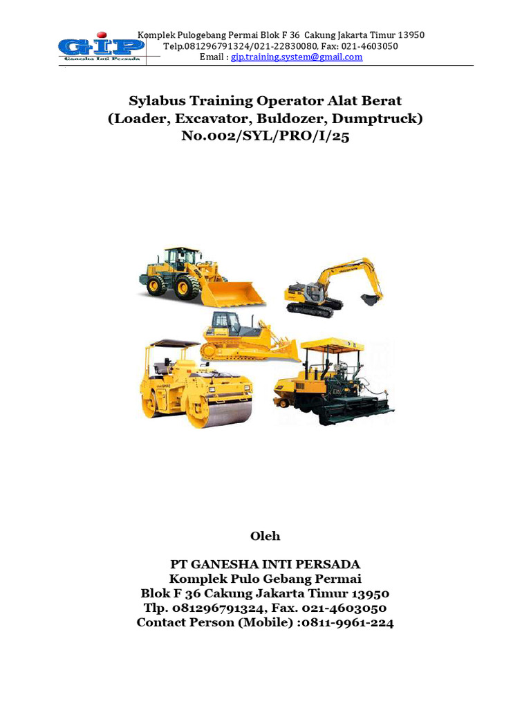 Sylabus Training Operator Alat Berat (Loader, Excavator, Buldozer, Dumptruck) | PDF