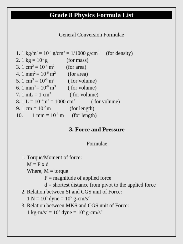 Grade 8 Physics Formula List | PDF