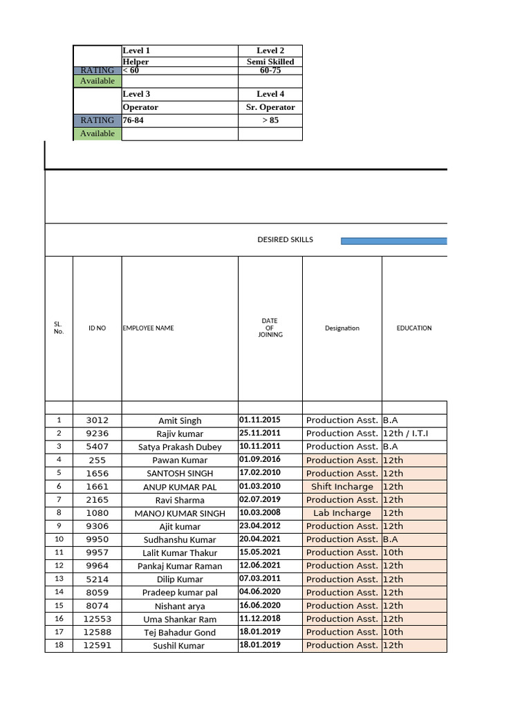 Skill Matrix for Production Assistants | PDF