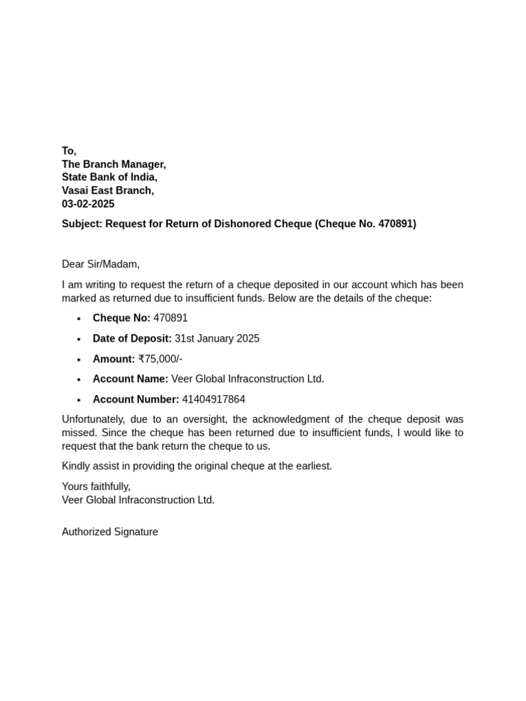 Request for Return of Dishonored Cheque | PDF