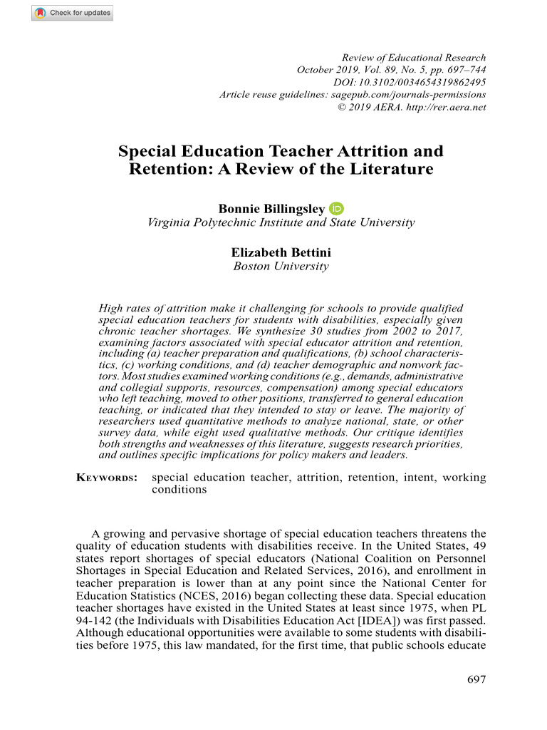 Billingsley Bettini 2019 Special Education Teacher Attrition and Retention A Review of The ...