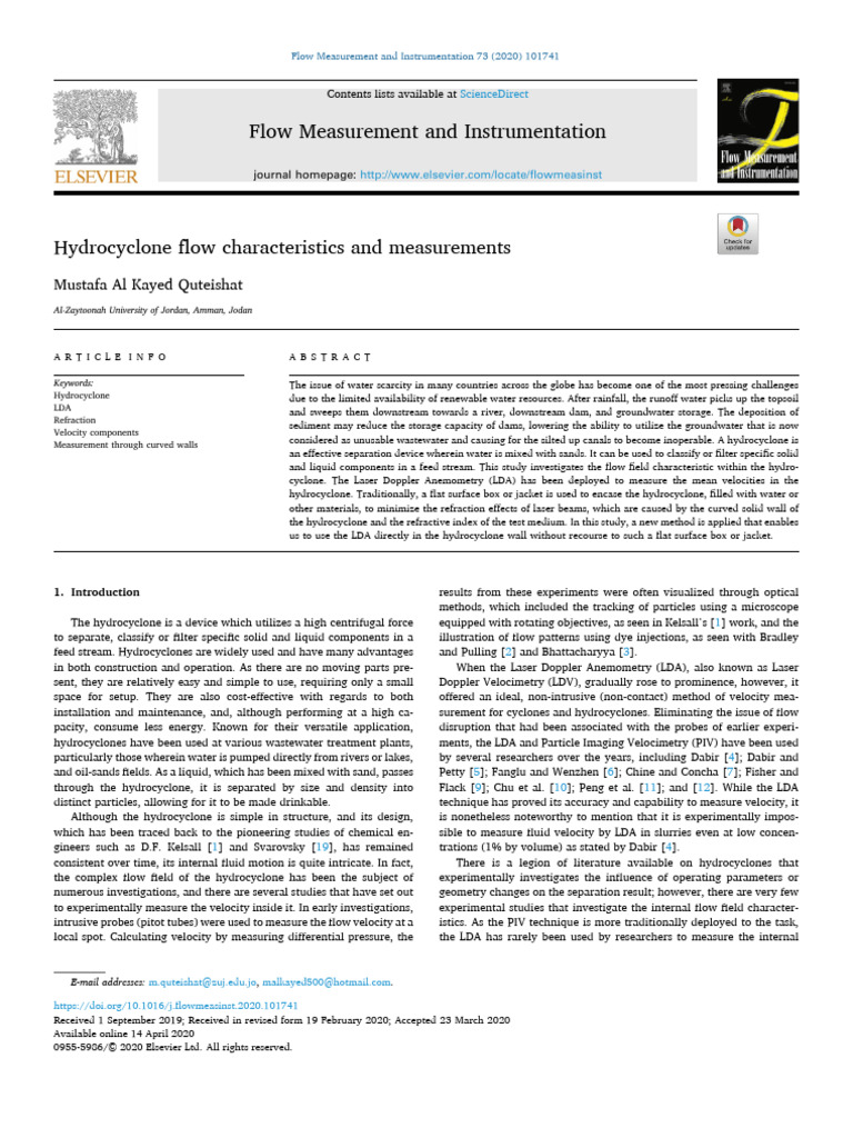 Hydrocyclone Flow Characteristics and Measurements | PDF | Flow Measurement | Optics