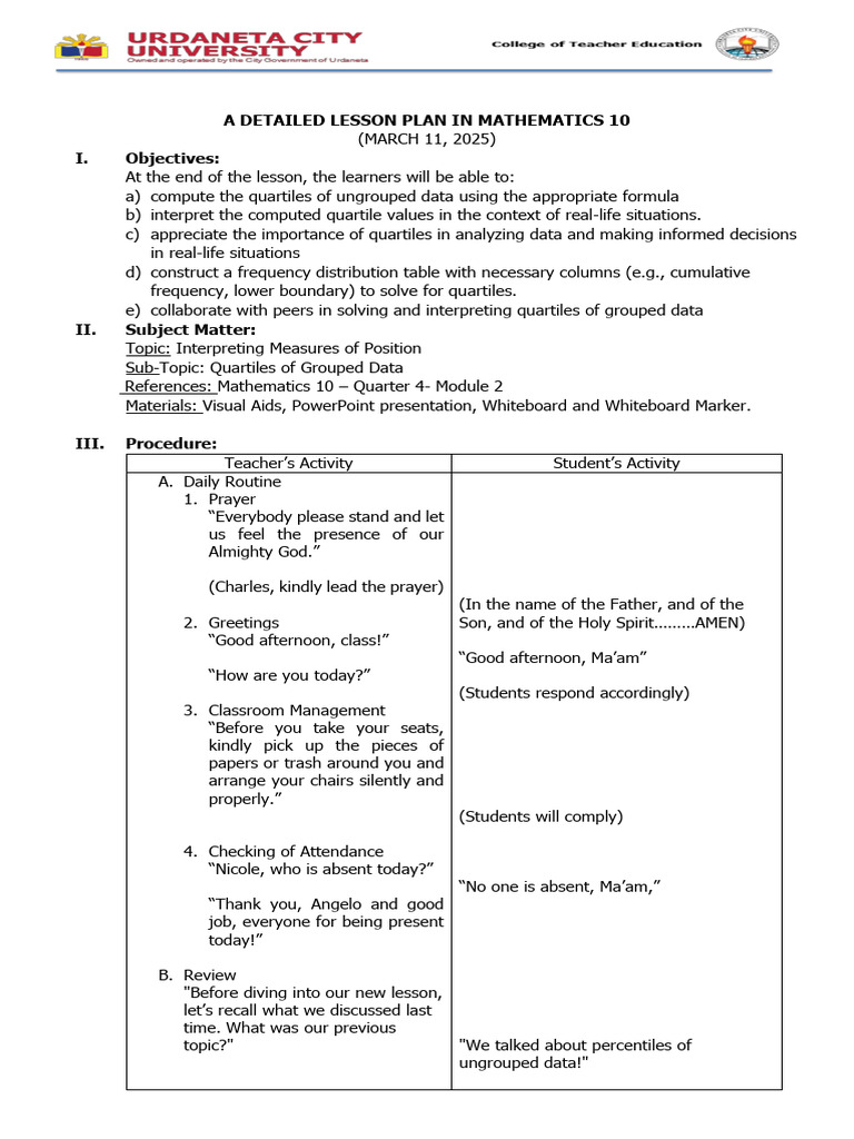 Quartiles Lesson Plan for Grade 10 | PDF | Quartile | Percentile