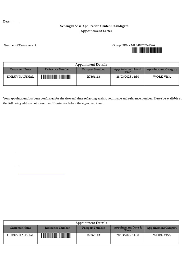 VFS Appointment Confirmation for Dhruv Kaushal | PDF | Travel Visa