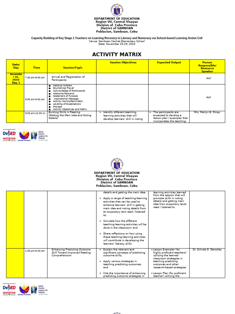 Activity Matrix KEY STAGE 1 | PDF | Lesson Plan | Reading Comprehension