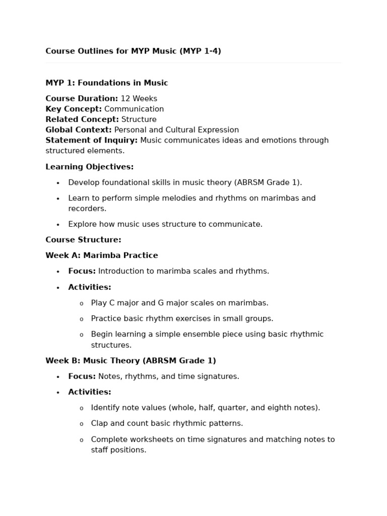 Course Outline For MYP 1-4 | PDF | Music Theory | Harmony