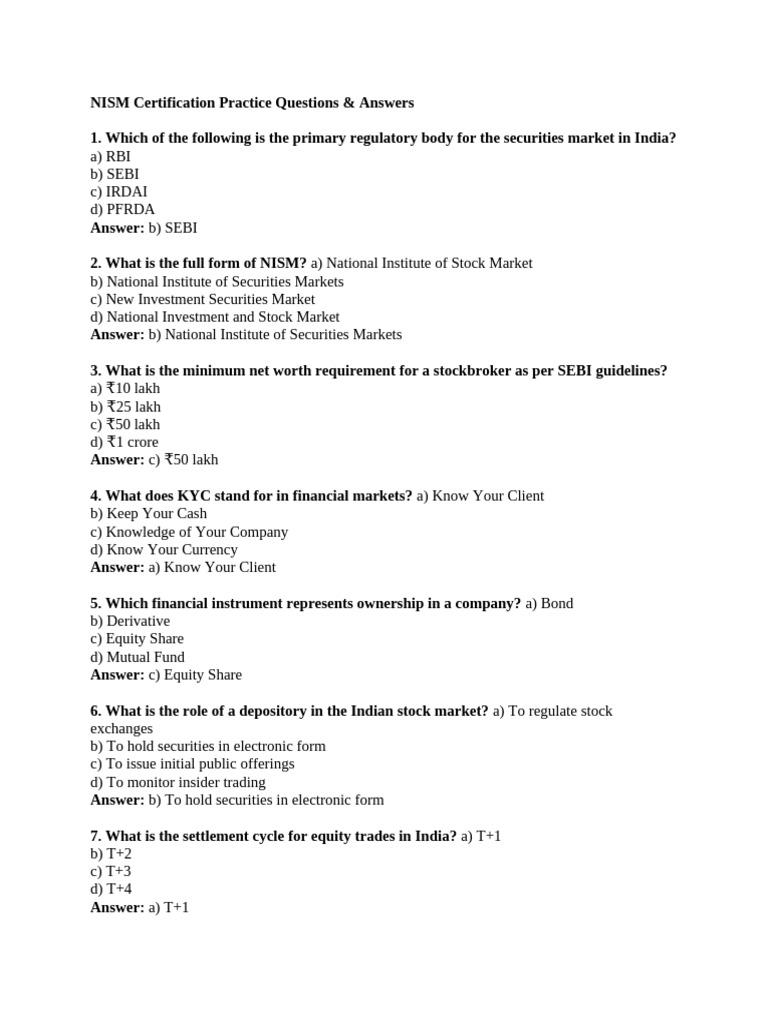 NISM Certification Practice Questions | PDF