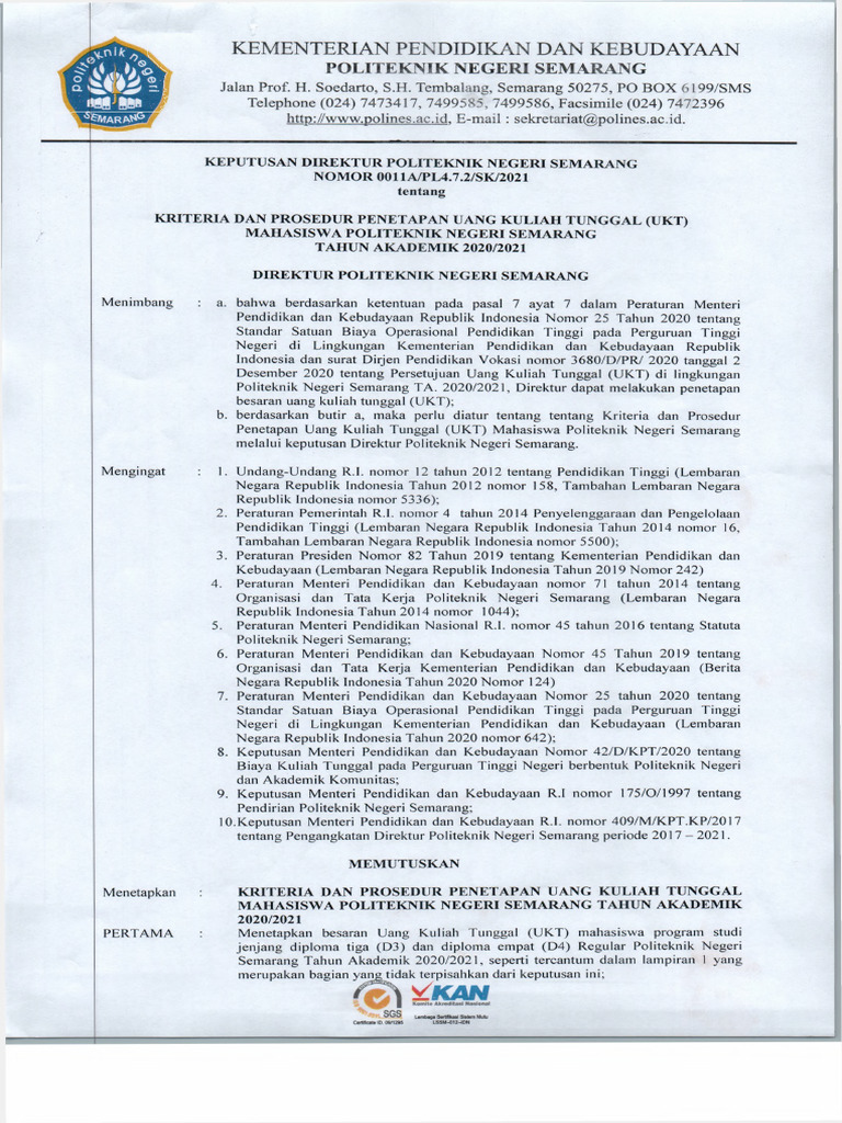 Kepdir Panduan Penentuan UKT Polines 2021 | PDF