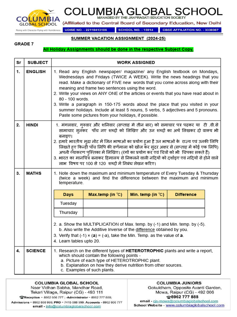 Grade 7 Summer Vacation Assignments | PDF | English Language | Climate ...