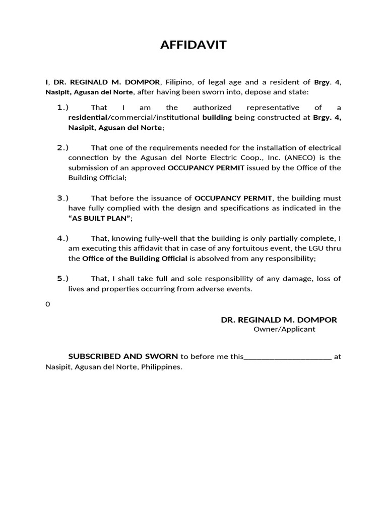 Affidavit For Occupancy | PDF