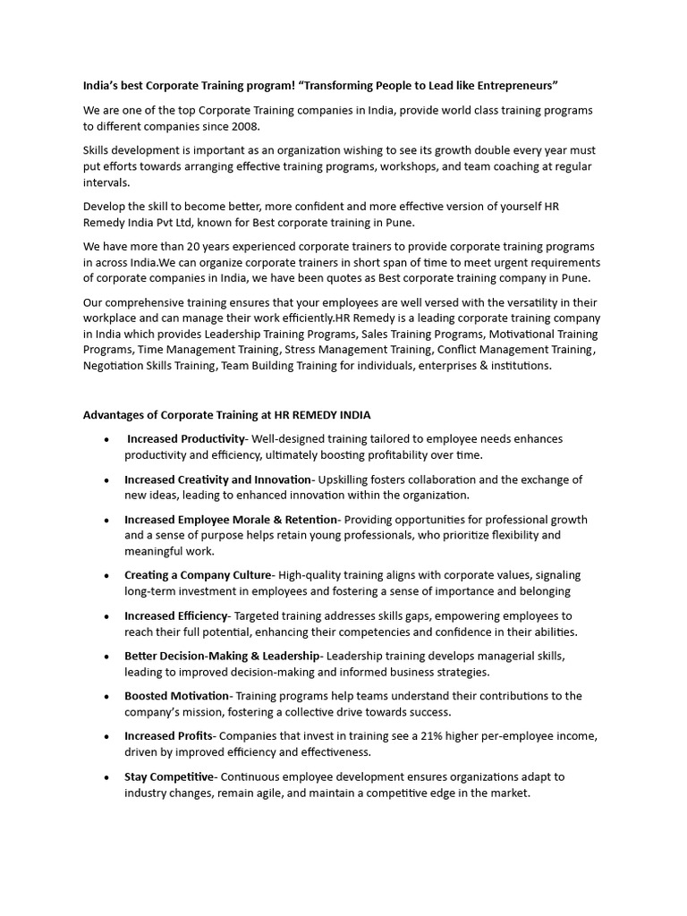 Corporate Training Services in India | HR Remedy India | PDF | Employee ...