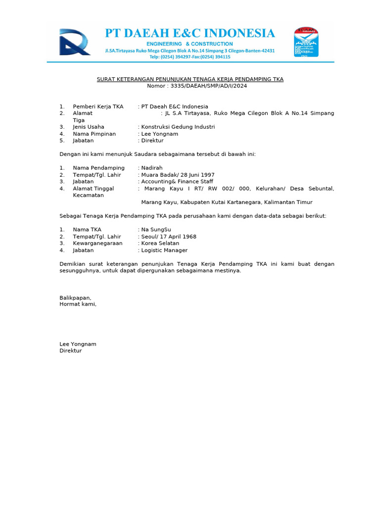 Surat Keterangan Penunjukan Tenaga Kerja Pendamping TKA | PDF