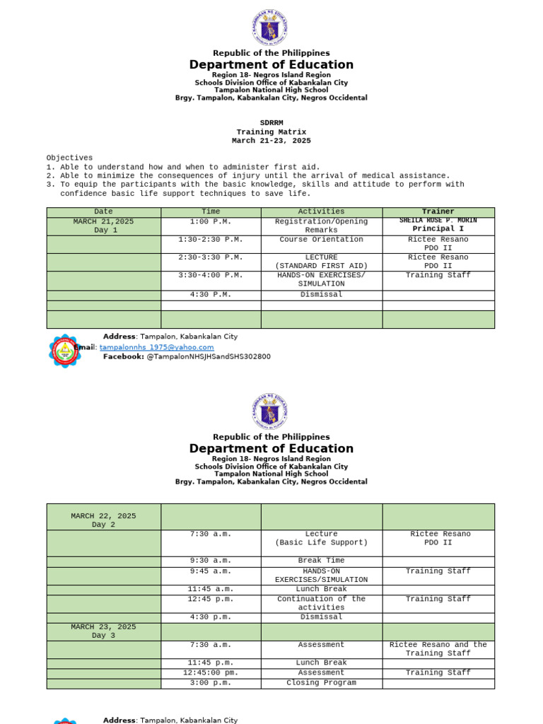SDRRM Training Matrix (2004-2005) | PDF