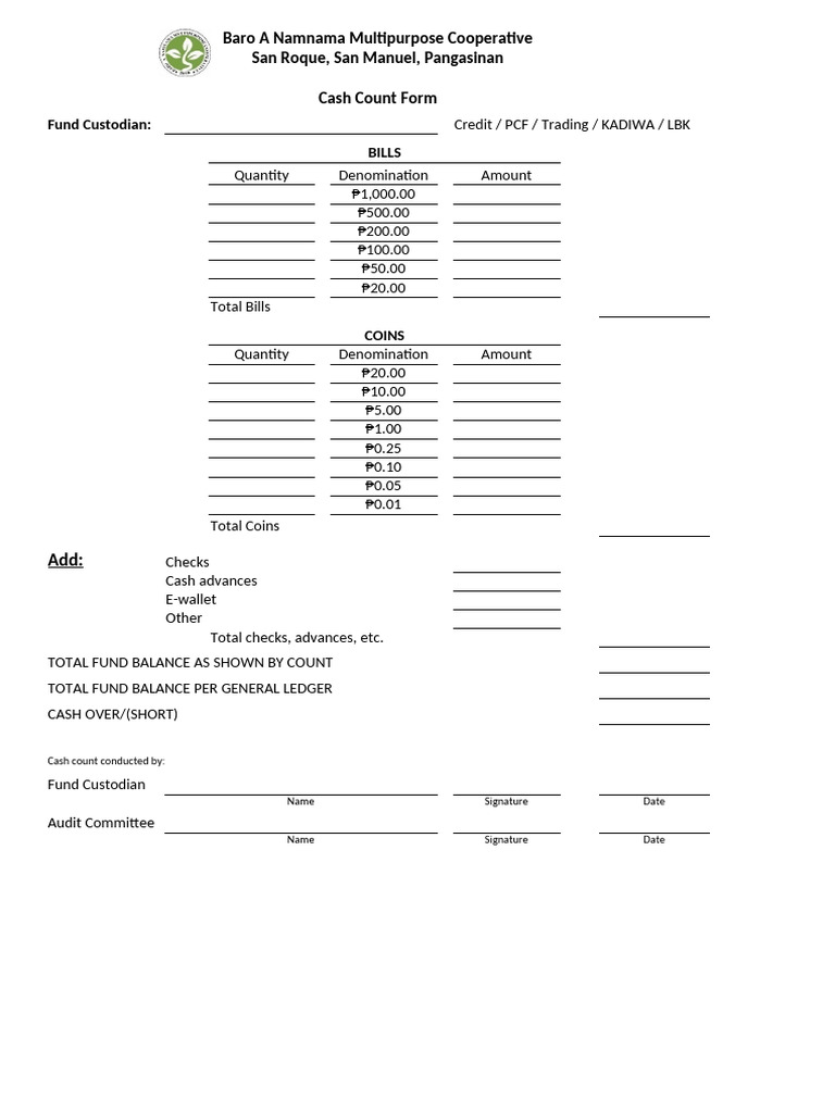 Cash Count Form for Baro A Namnama Cooperative | PDF