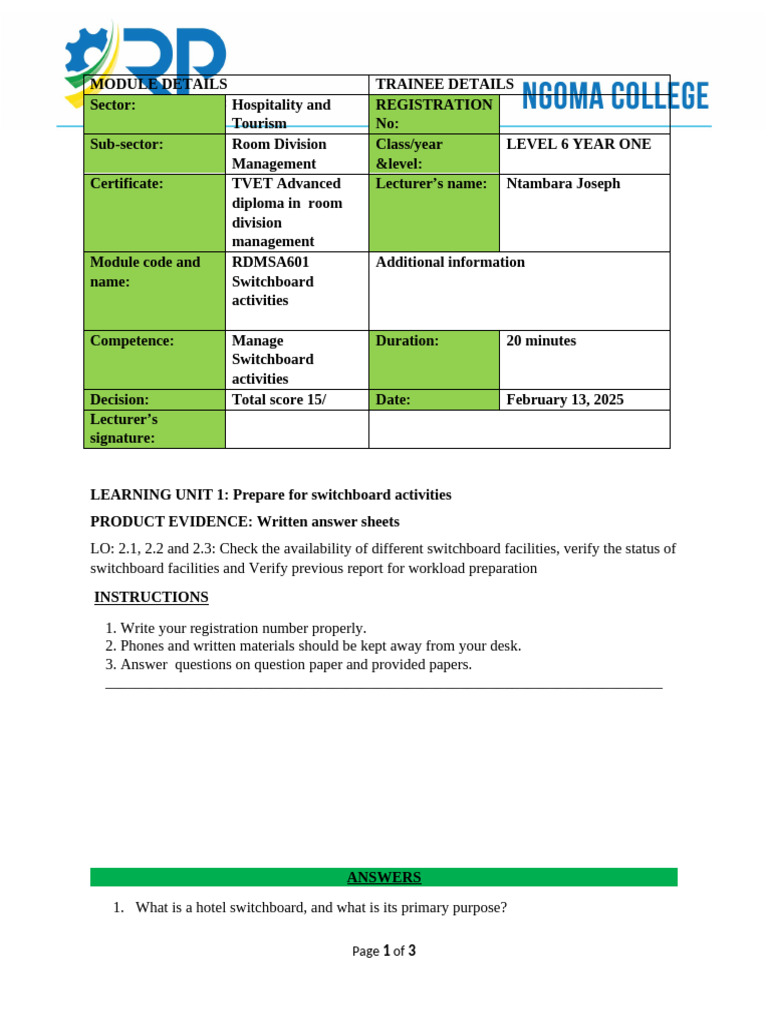 First Switchboard Formative Assessment | PDF | Voicemail ...