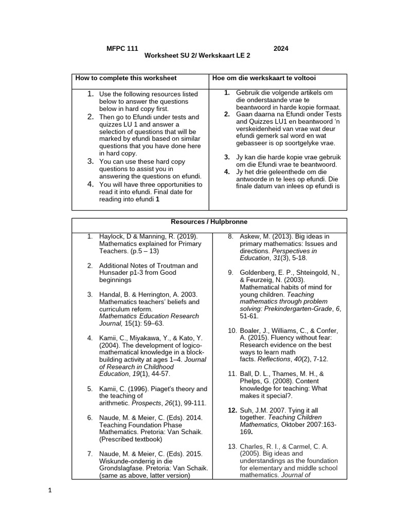 MFPC 111 Ass 1B - Opdrag 1B 2024 | PDF | Mathematics | Learning