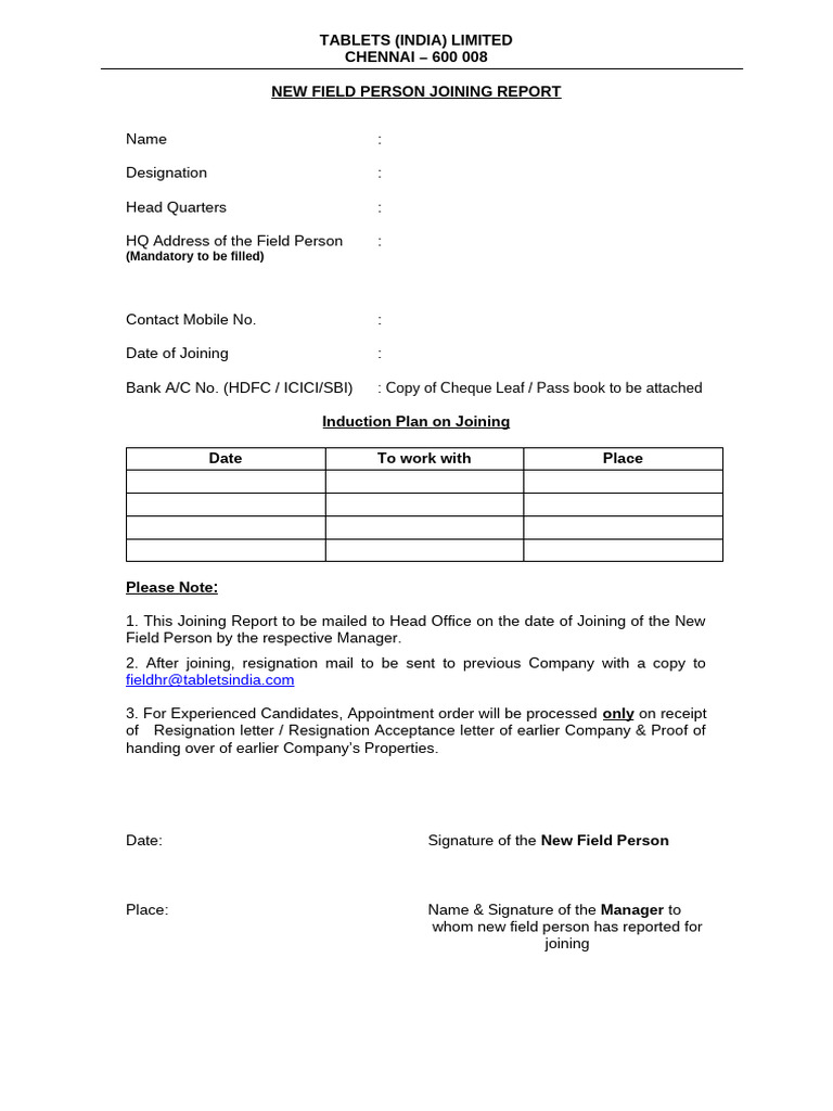 New Field Person Joining Report Guide | PDF
