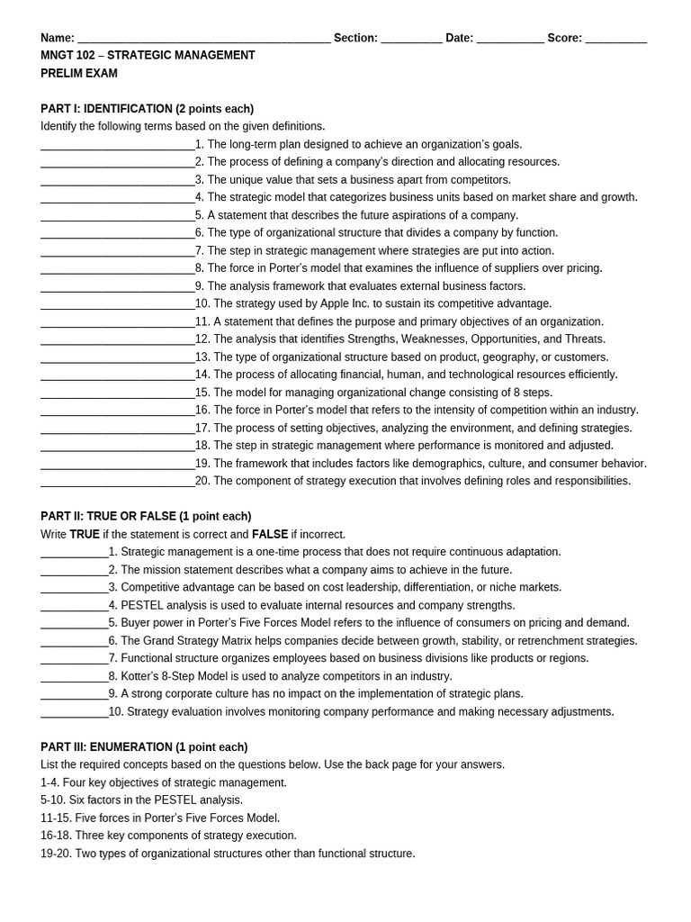 D. Prelim Exam MNGT 102 Set D | PDF | Strategic Management | Economies