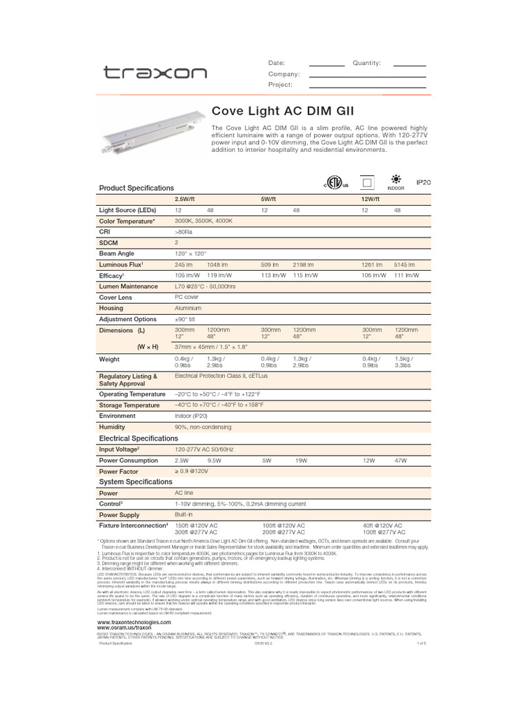 US Cove Light AC DIM GII Spec v2p2 | PDF | Metrology | Light
