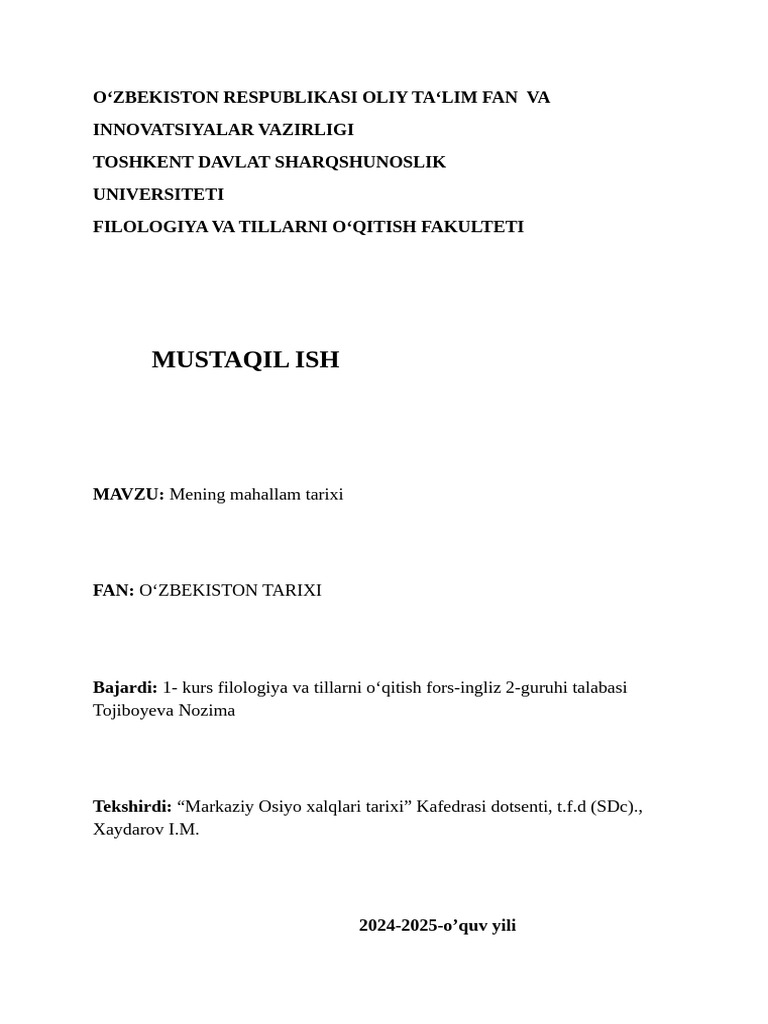 1-Kurs Filologiya Va Tillarni O Qitish Fors-Ingliz 2 Mahalla Tarixi | PDF