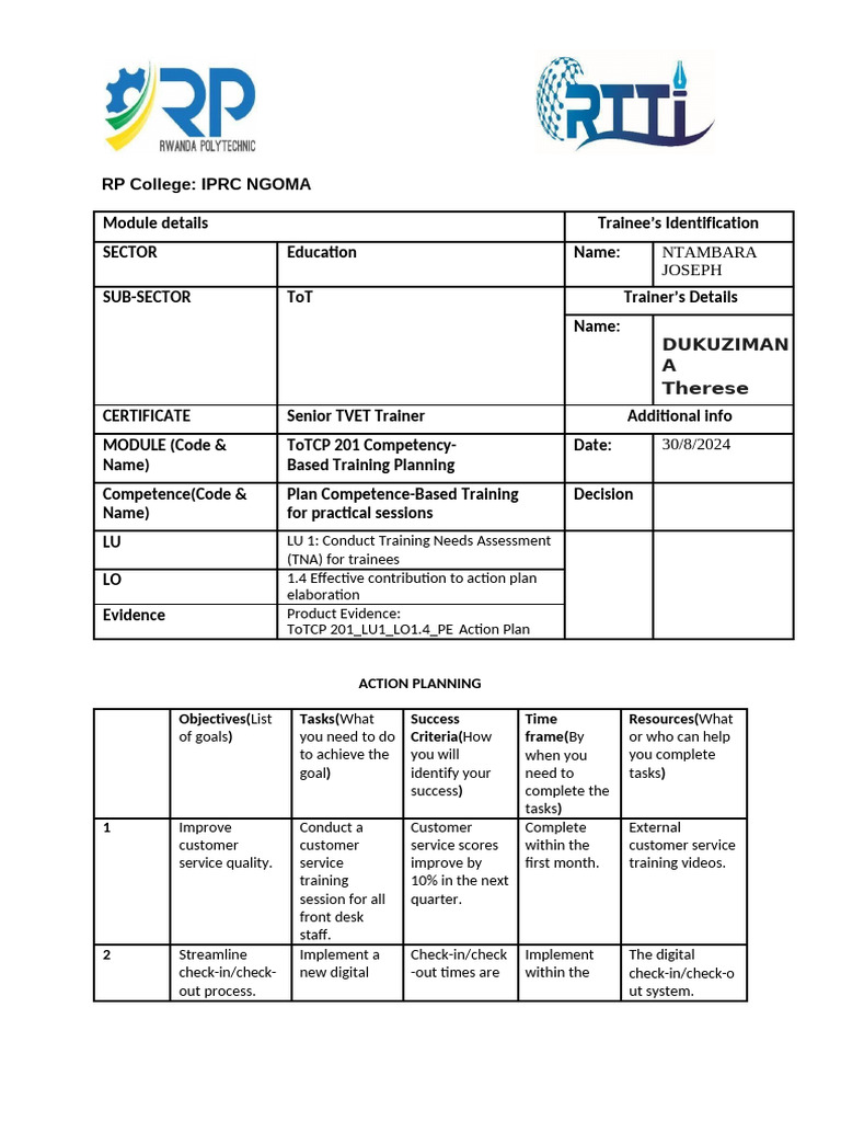 Totcp 201 - Lu1 - Lo1.4 - Pe Action Plan | PDF | Business