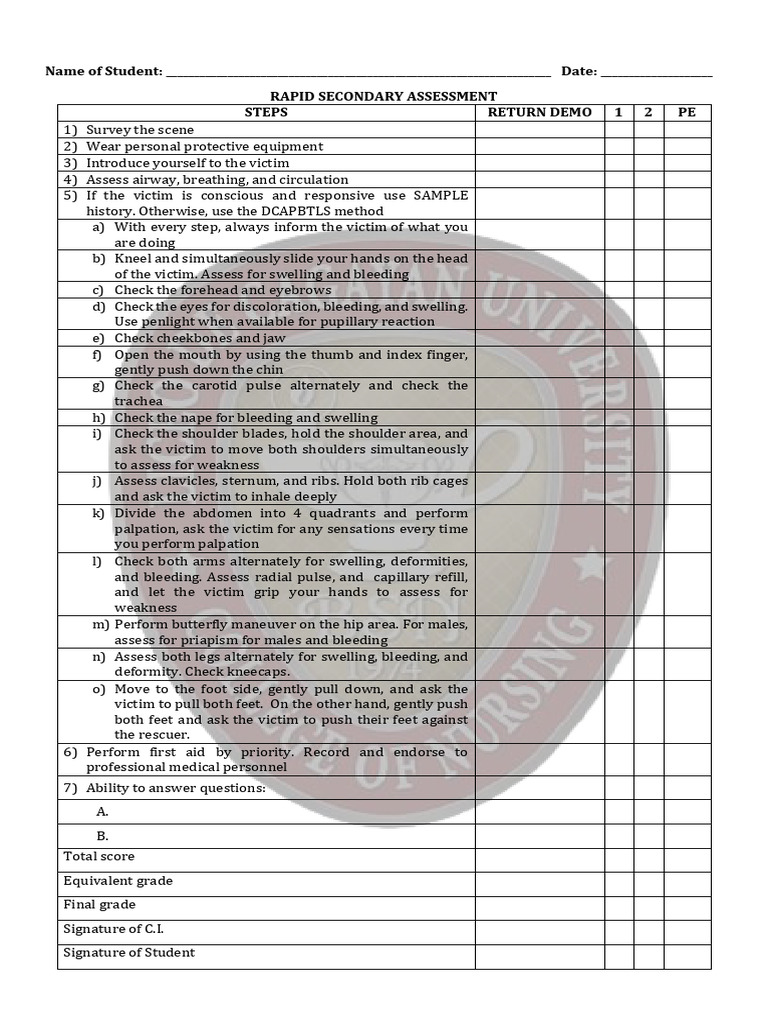 CON LDCU RLE Checklist Format - Rapid 2° Assessment | PDF | Medical Specialties | Clinical Medicine