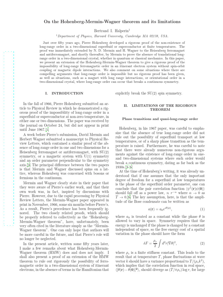 On The Hohenberg-Mermin-Wagner Theorem and Its Limitations 2018 | PDF ...