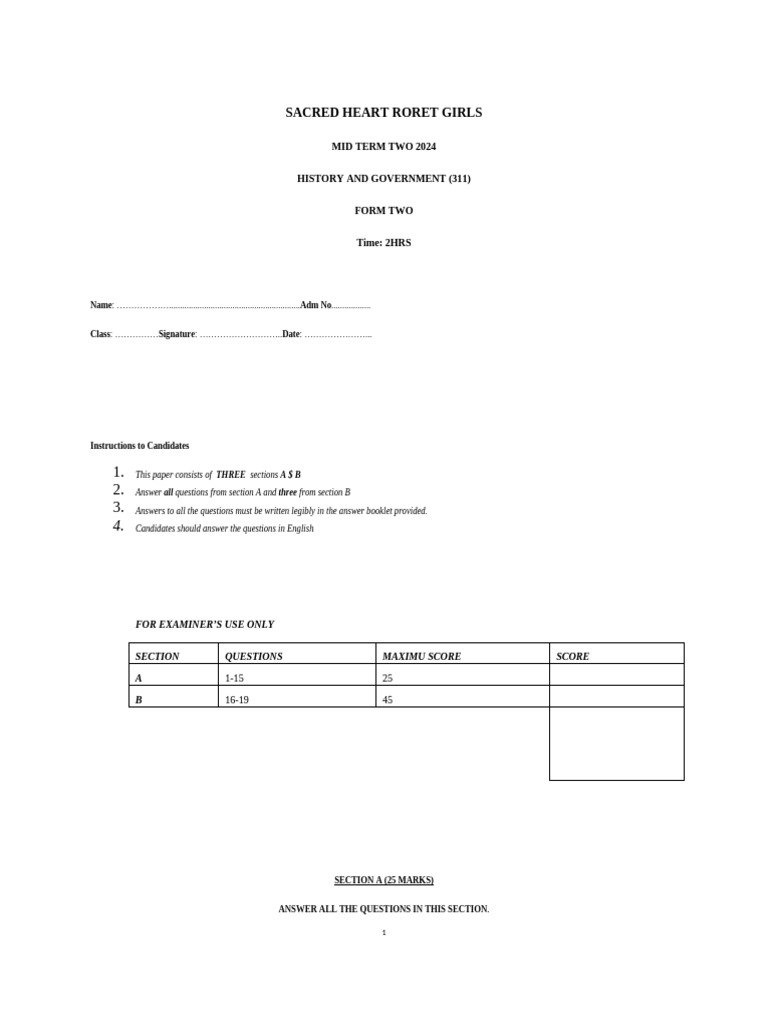 Form Two History & Government Exam 2024 | PDF | Kenya
