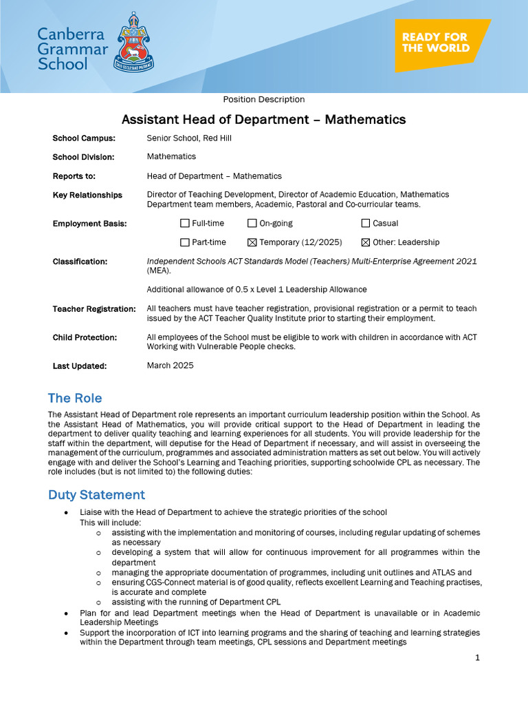 Assistant Head of Department - Mathematics | PDF | Teachers | Leadership