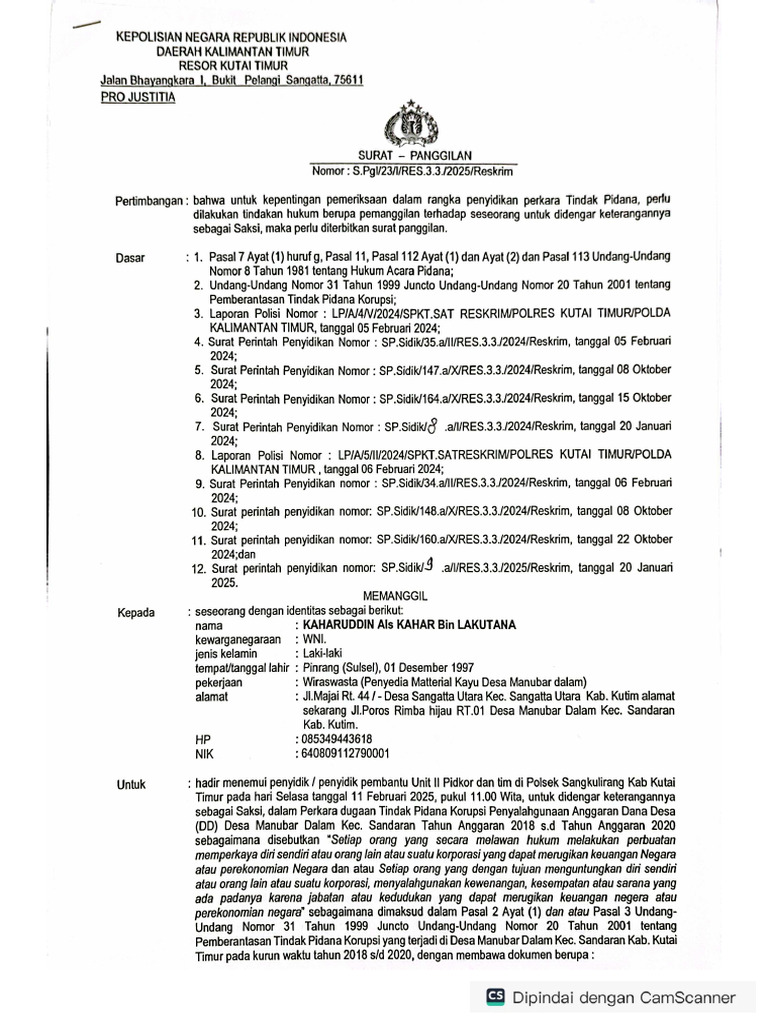 Panggilan Sdr. Kaharudin Als Kahar Bin Lakutana | PDF