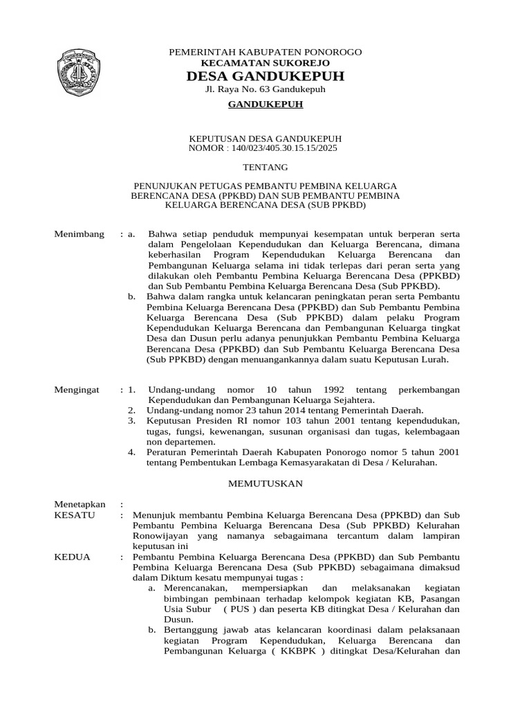 Penunjukan PPKBD dan Sub PPKBD Desa Gandukepuh | PDF