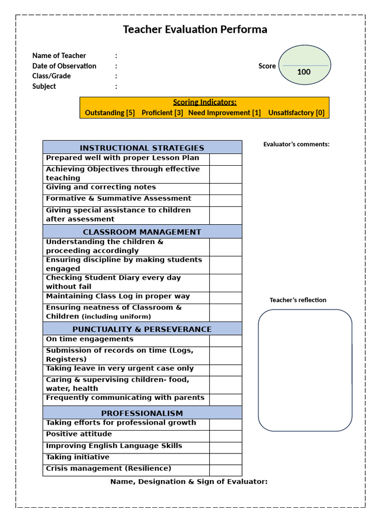Teacher Evaluation Performa 1 | PDF