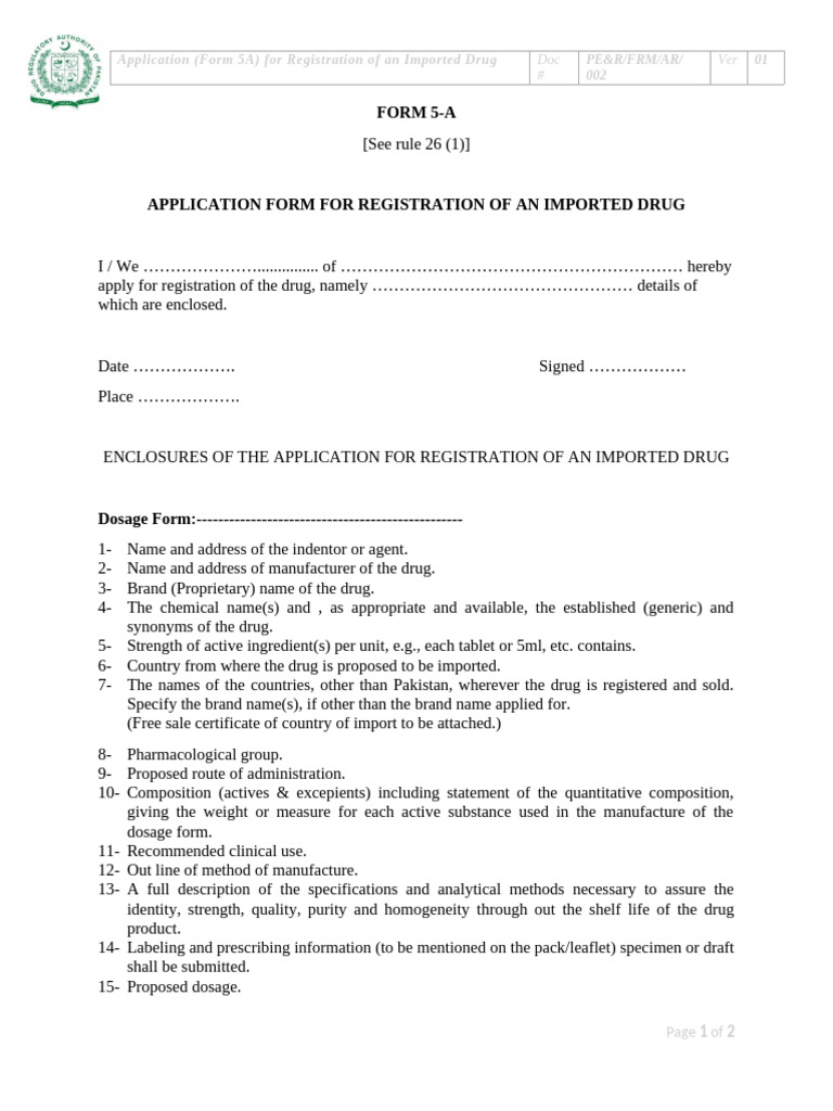 Application Form 5A For Registration of An Imported Drug | PDF ...