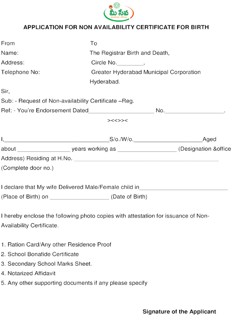 Application For Non Availability Certificate For Birth | PDF