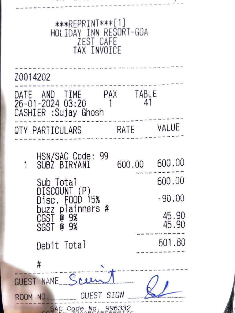Holiday Inn Goa Tax Invoice Details | PDF