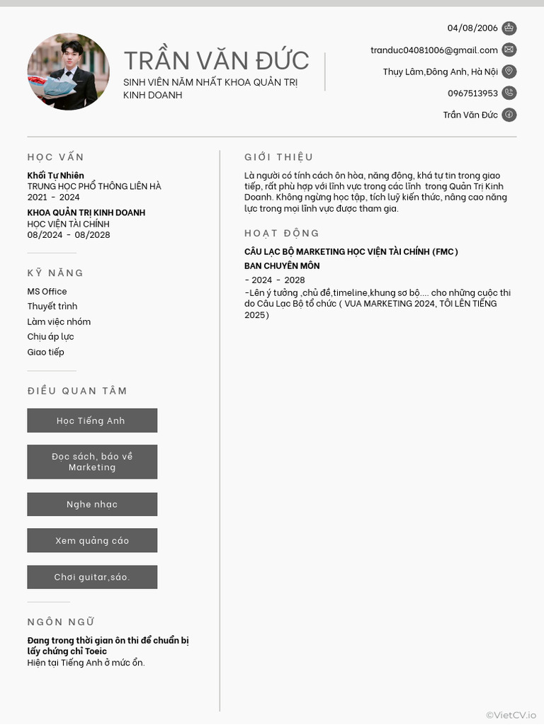 Cv Sinh Viên Năm Nhất Ngành Marketing | PDF