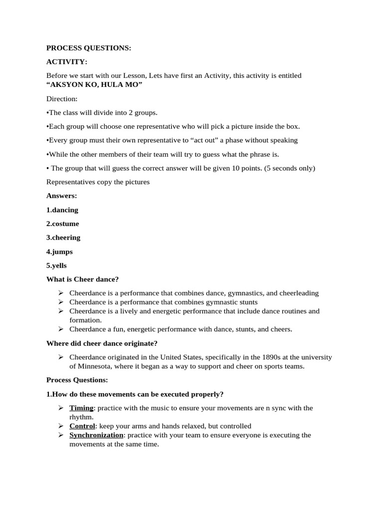 PROCESS QUESTIONS Final Demo 3 | PDF | Cheerleading | Physical Fitness