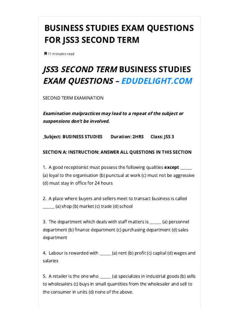 Business Studies Exam Questions For JSS3 Second Term | PDF | Debits And Credits | Economies