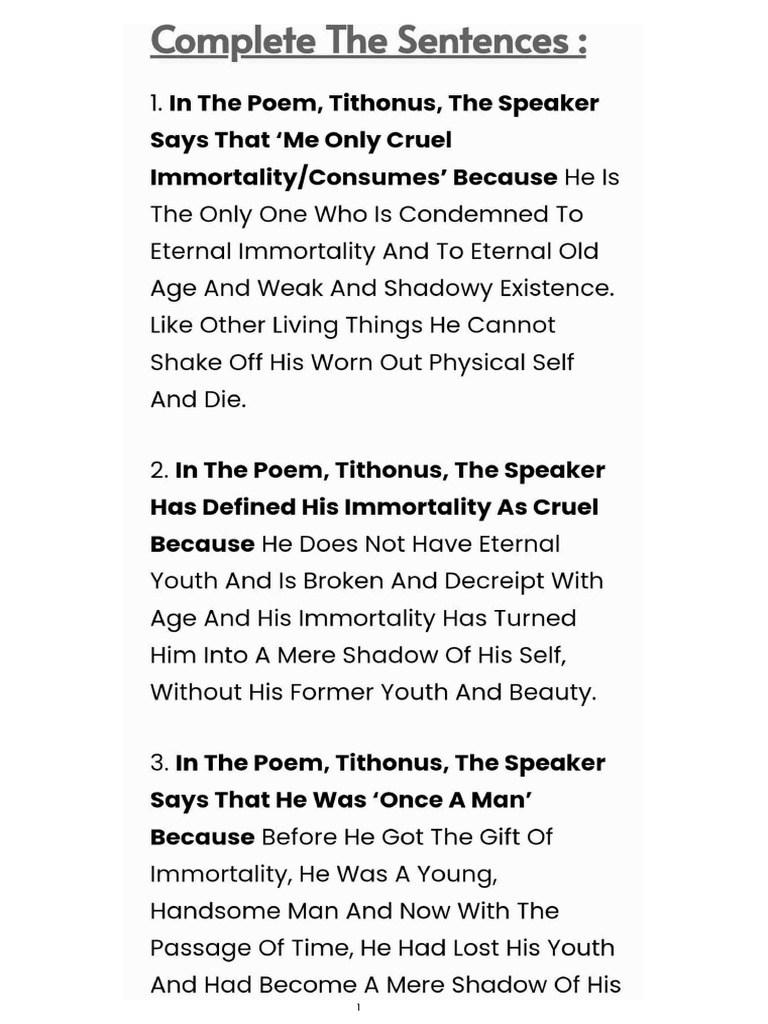 Std 12 English Literature Tithonus | PDF