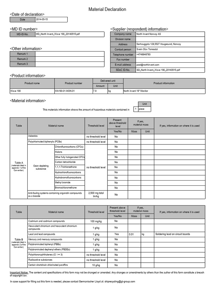 Material Declaration Waveline 19 | PDF | Chlorofluorocarbon | Chemistry