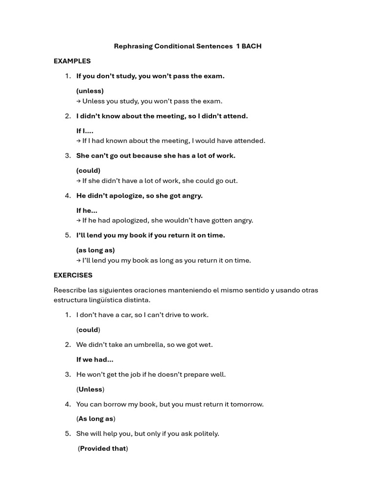 Rephrasing Conditional Sentences 1 BACH | PDF