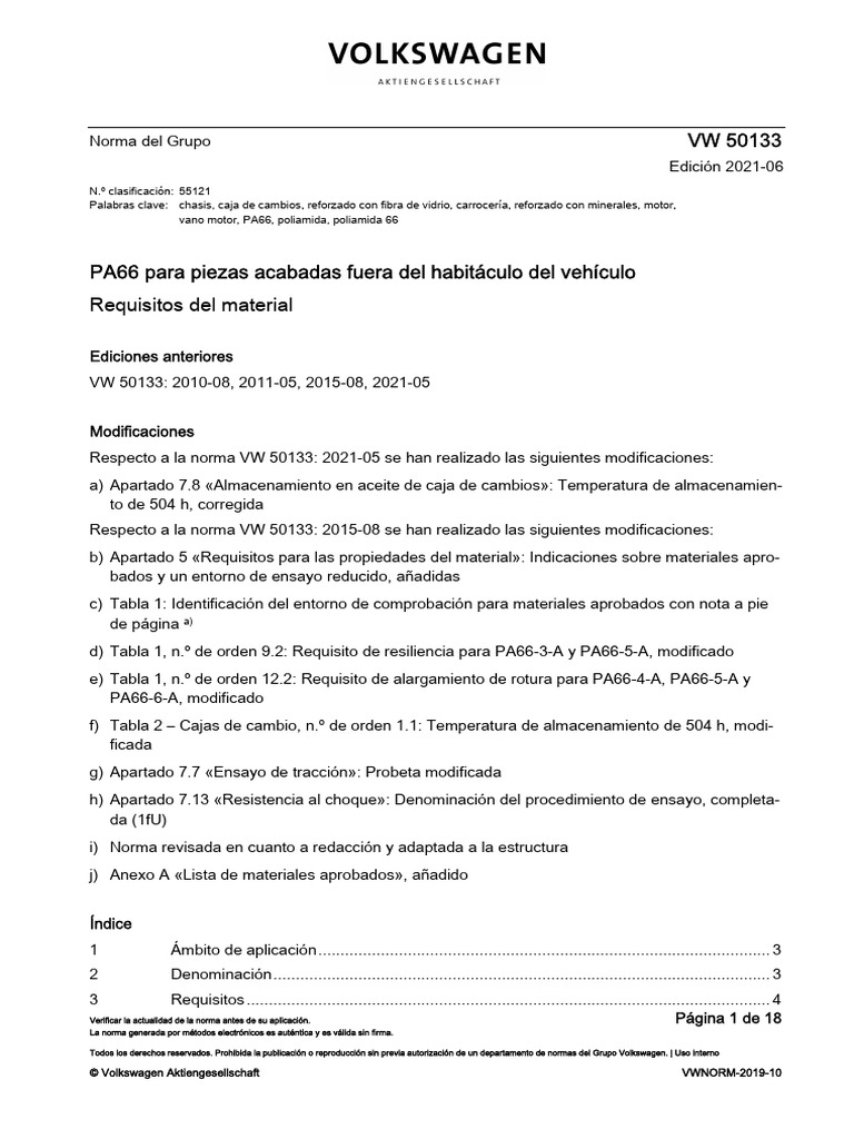 Norma VW 50133: Requisitos PA66 2021 | PDF