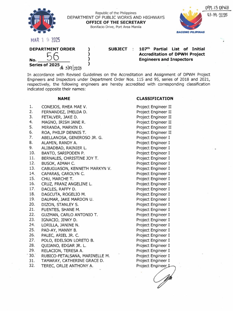 Office of The Secretary: Accreditation of DPWH Project Engineers and ...