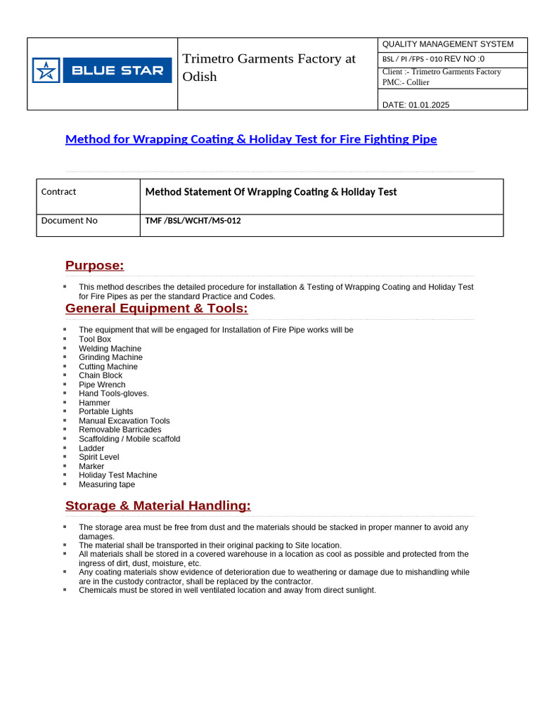 Method For Wrapping Coating & Holiday Test For Fire Fighting Pipe | PDF ...