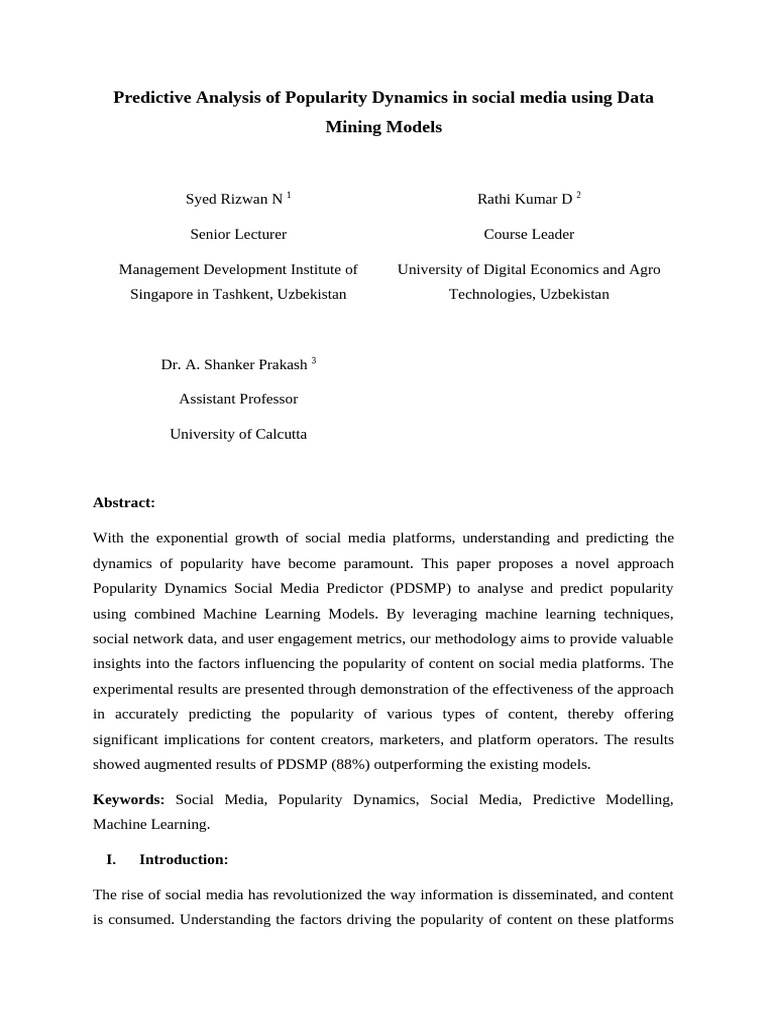 Predictive Analysis of Popularity Dynamics in Social Media Using Data Mining Models | PDF ...