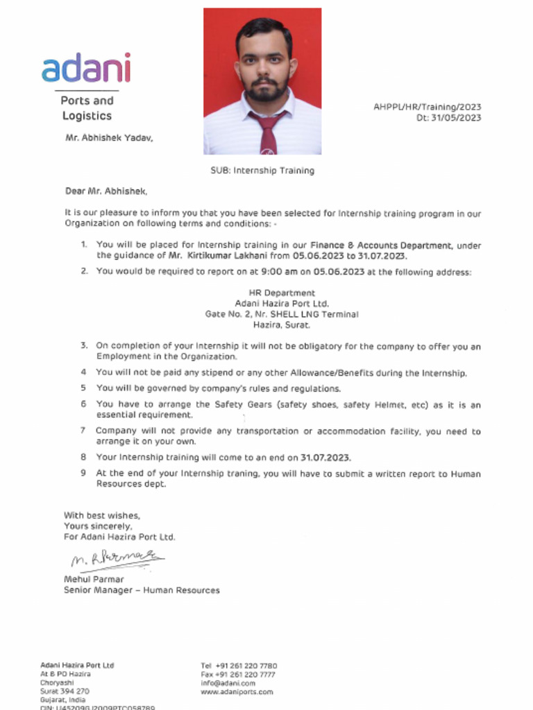 Abhishek Yadav Adani Offer Letter Internship | PDF