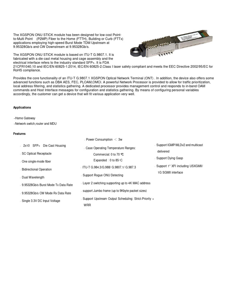 XGSPON ONU STICK Module Overview | PDF | Electronics | Electrical ...