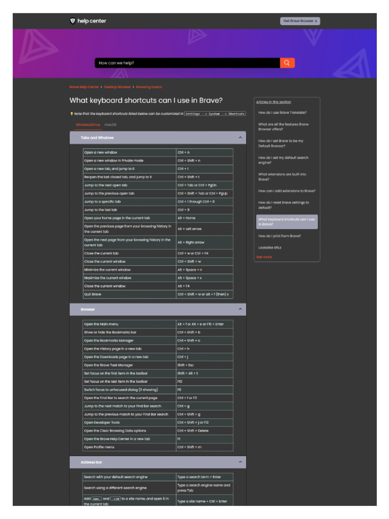 Brave Browser Shortcut Keys | PDF