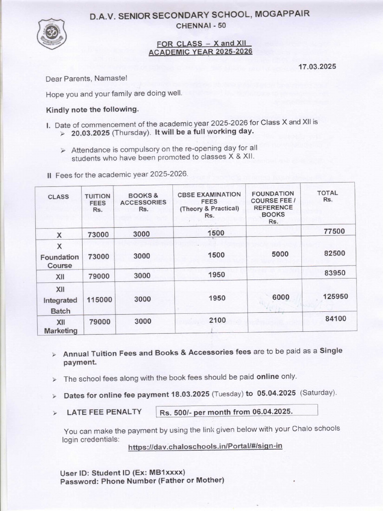 Class X & XII Fee Circular For AY 2025-2026. | PDF