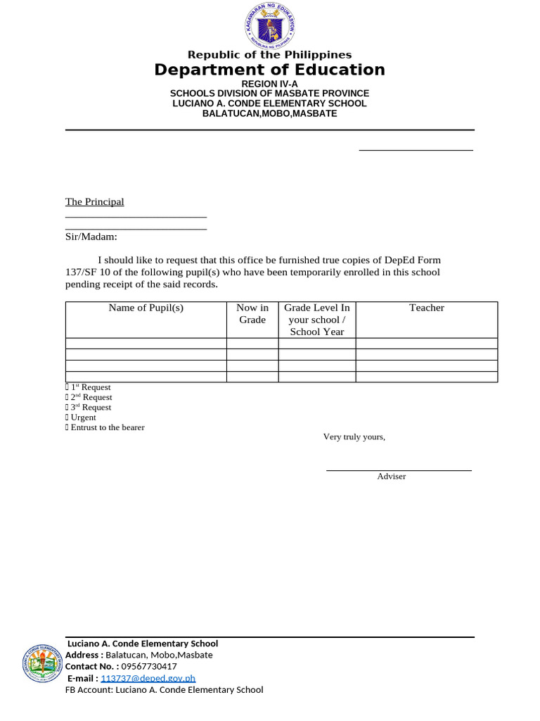 Request for DepEd Form 137/SF 10 | PDF